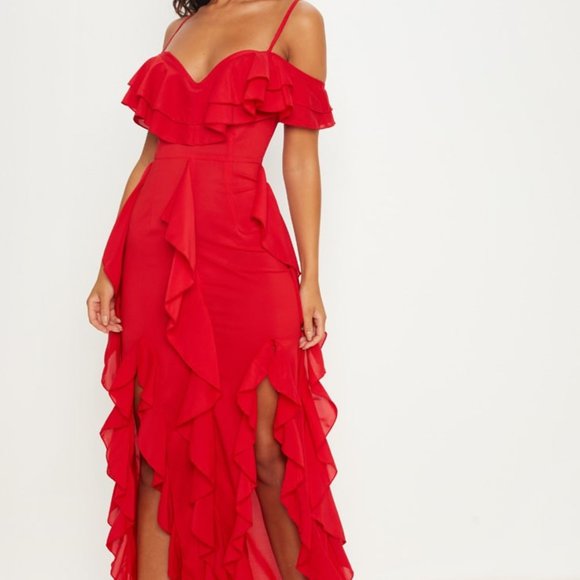 PrettyLittleThing | Dresses | Red Ruffle Maxi Dress | Poshmark